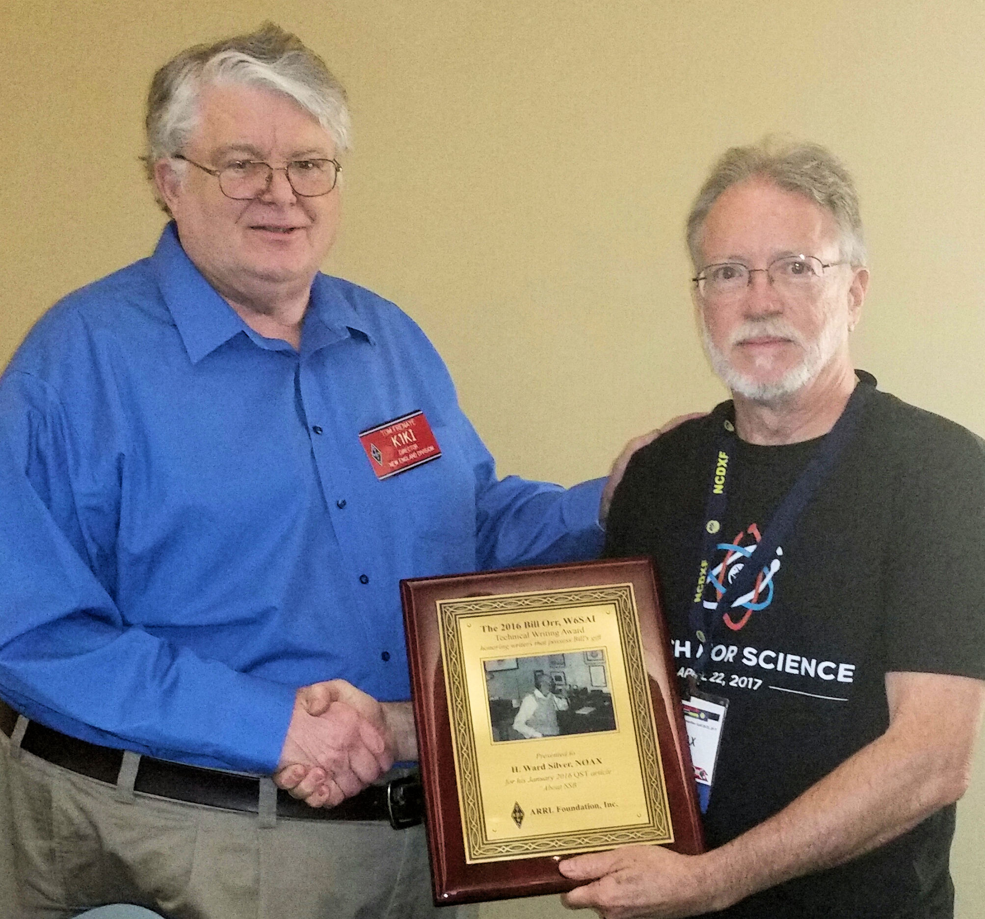 Ward Silver, N0AX, receives Bill Orr, W6SAI, Award Plaque